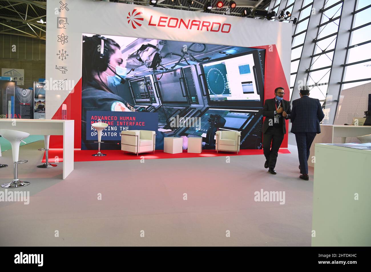 Leonardo company's aviation equipment booth and logo at an aerospace ...