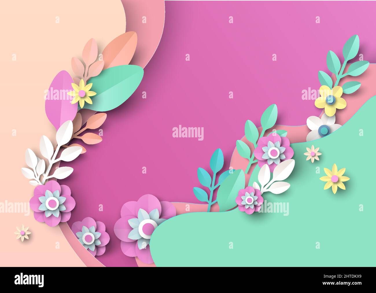 Paper cut flowers and leaves. Spring background. Floral poster, banner ...