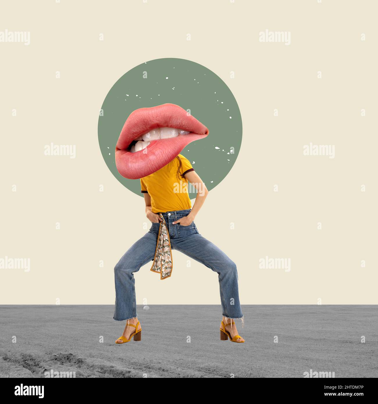 Contemporary art collage. Stylish young girl with female lips head ...