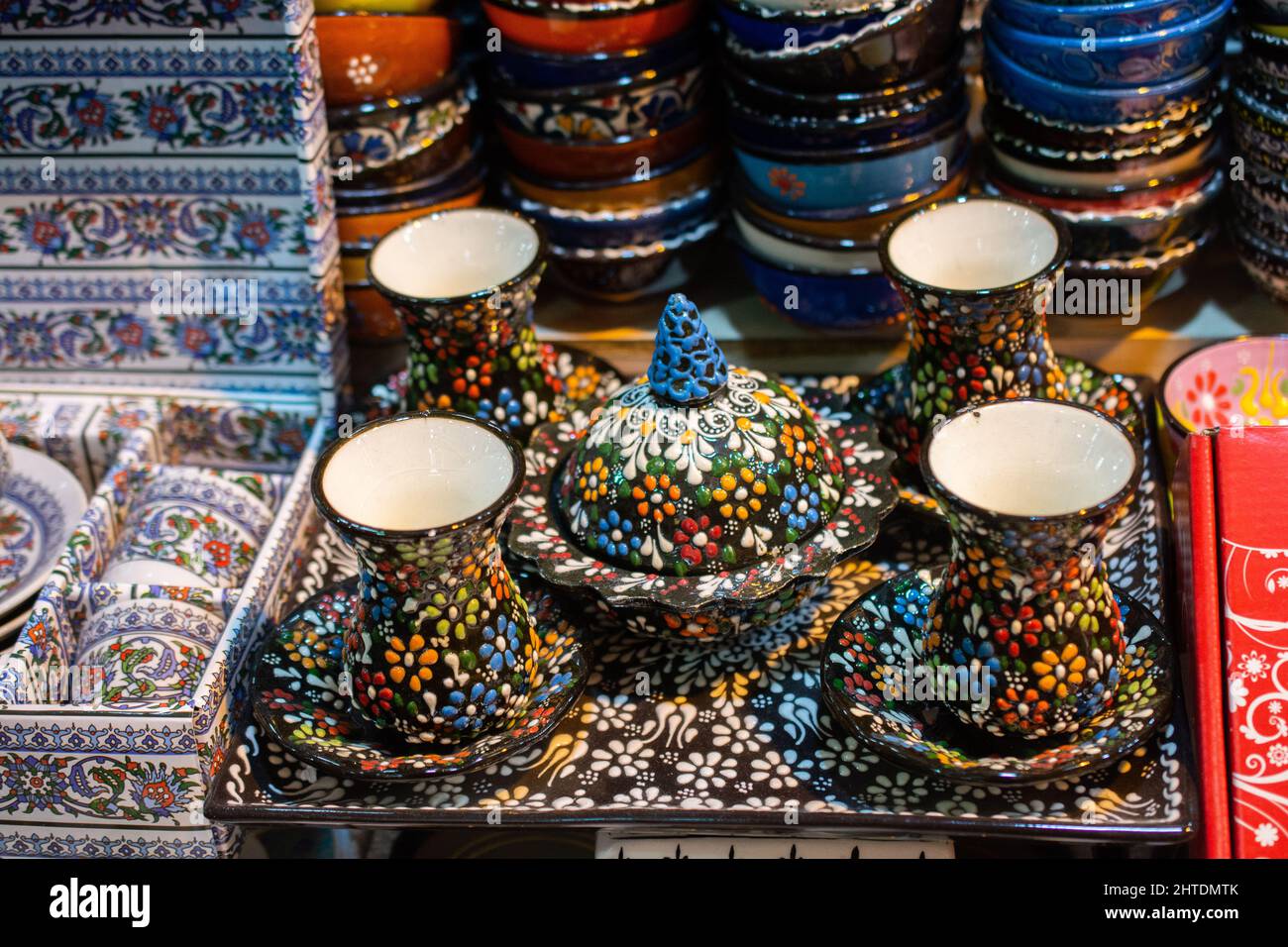 Set of traditional Turkish handmade ceramic tea cups and plates in the ...