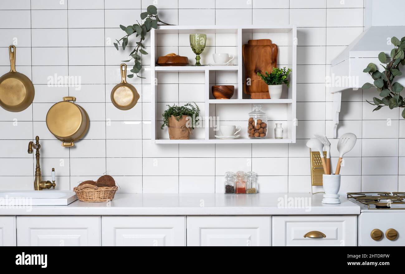 Modern white kitchen background. Comfortable, minimal interior in ...