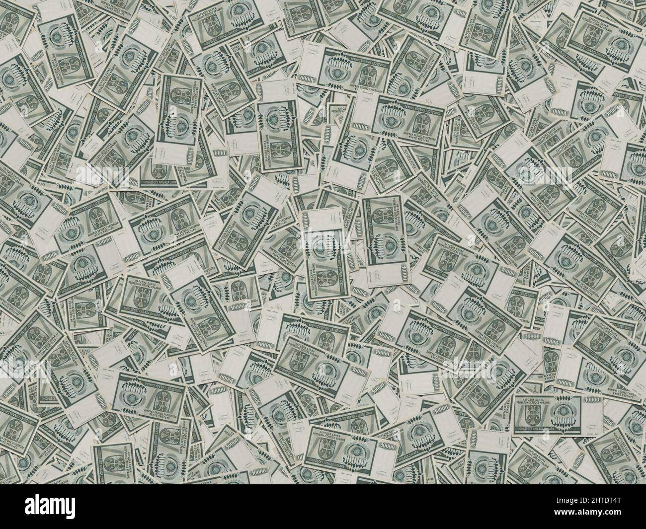 Top view of dinar banknotes from the 1990s of the Proto-state Serbian ...