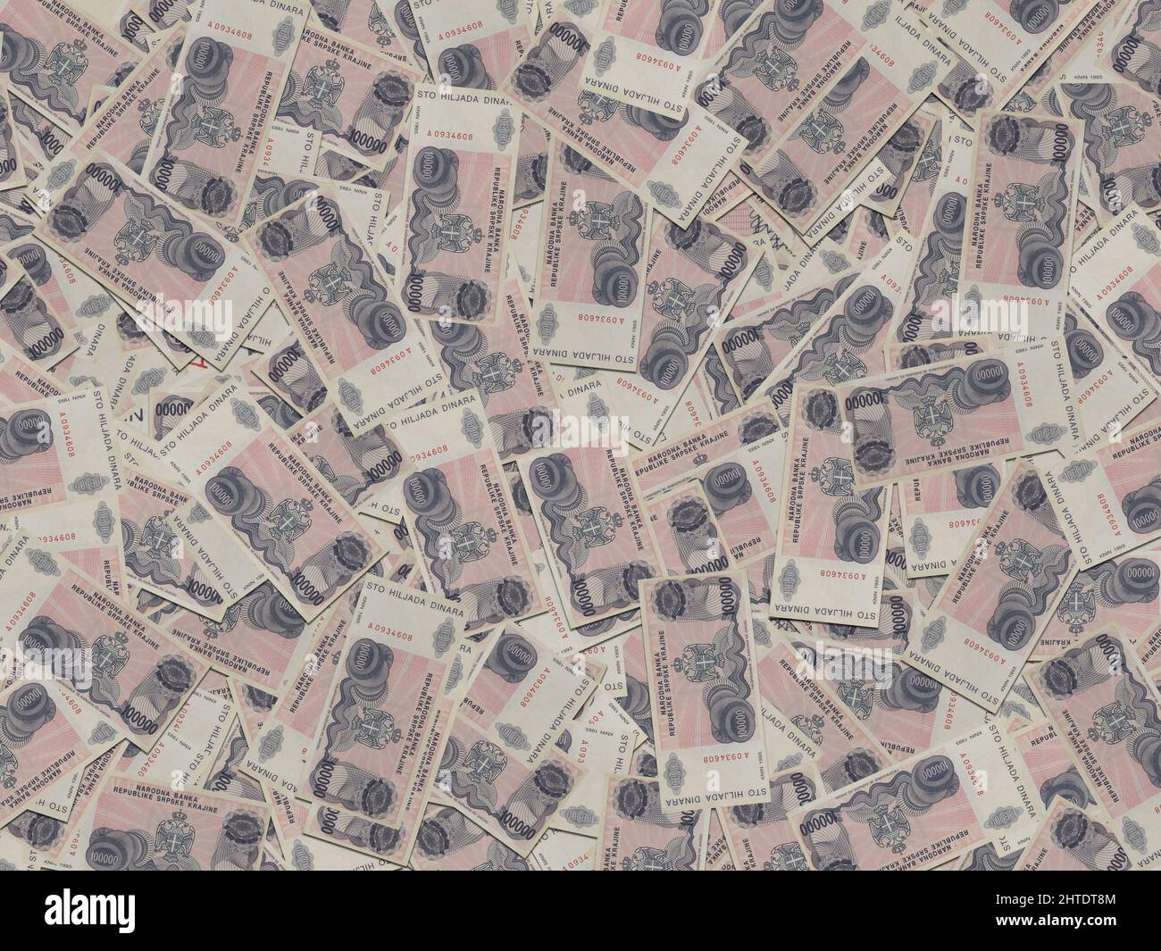 Top view of dinar banknotes from the 1990s of the Proto-state Serbian ...