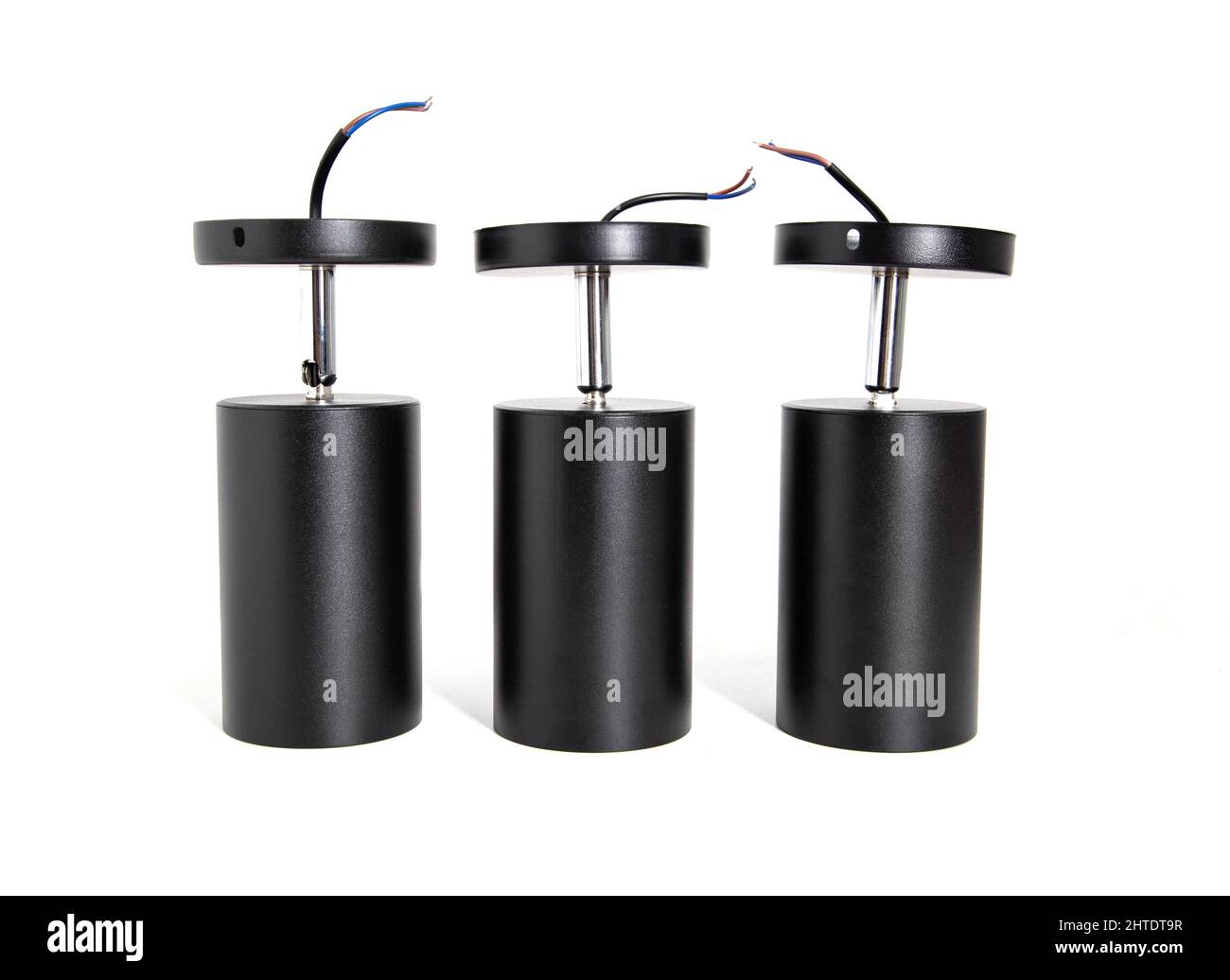 Black pendant lamps with matrix LED lighting on a white background ...