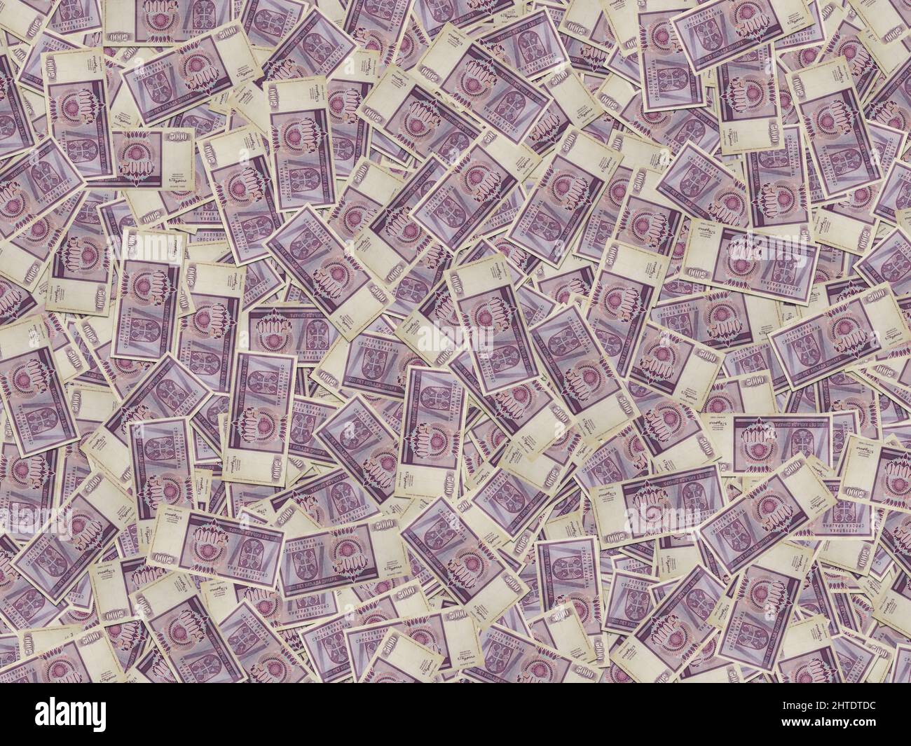 Top view of dinar banknotes from the 1990s of the Proto-state Serbian ...