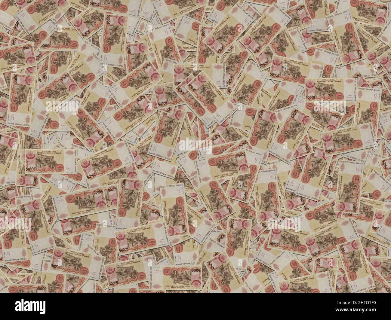 Top view of dinar banknotes from the 1990s of the Proto-state Serbian ...