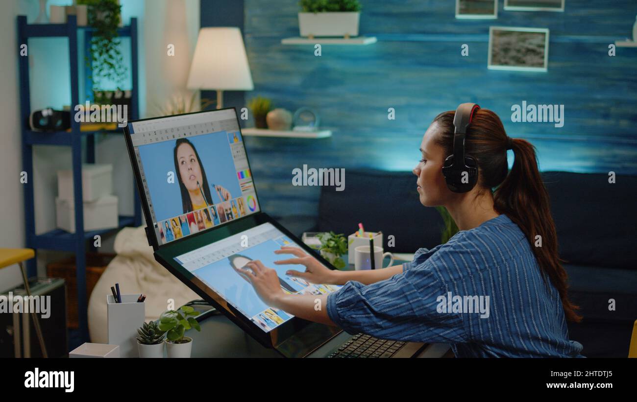 Editor artist working on retouching pictures at studio. Photography ...