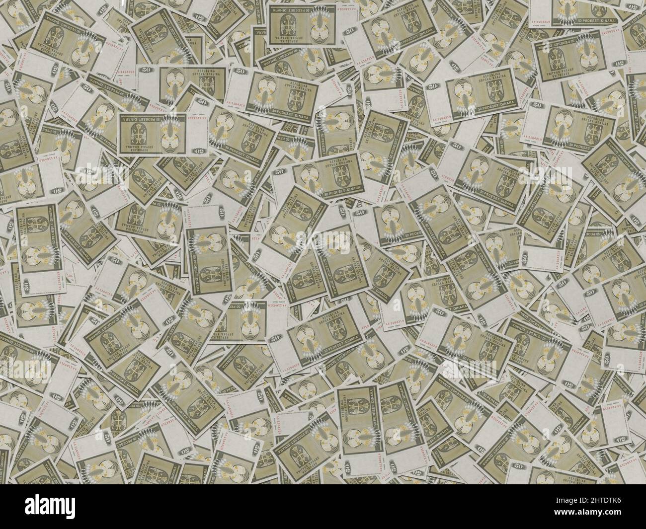 Top view of dinar banknotes from the 1990s of the Proto-state Serbian ...