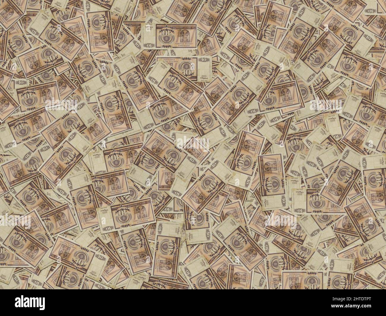 Top view of dinar banknotes from the 1990s of the Proto-state Serbian ...