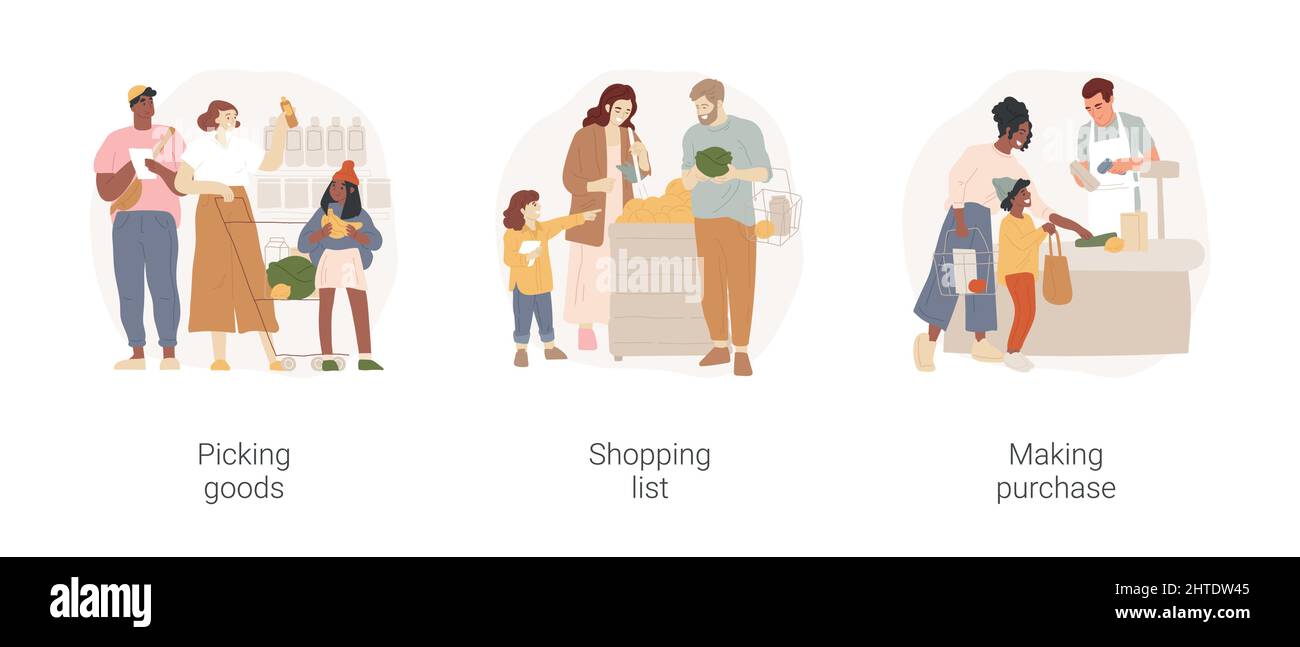 Family shopping isolated cartoon vector illustration set. Picking goods ...
