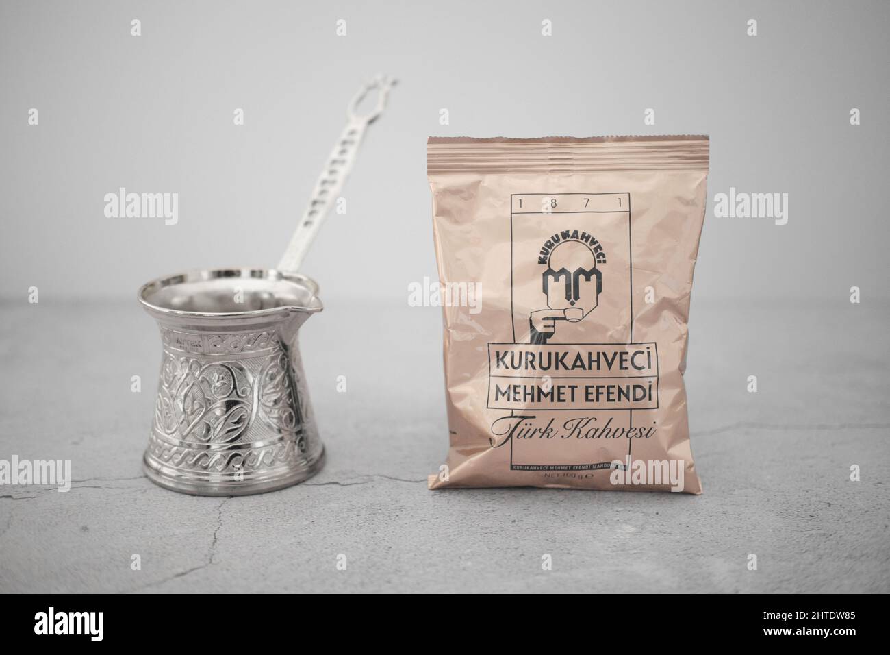 Photo of traditional Turkish coffee made with copper Cezve on a light ...