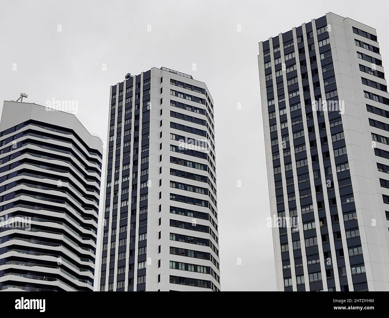 Beautiful view of three modern high rise buildings in the downtown ...