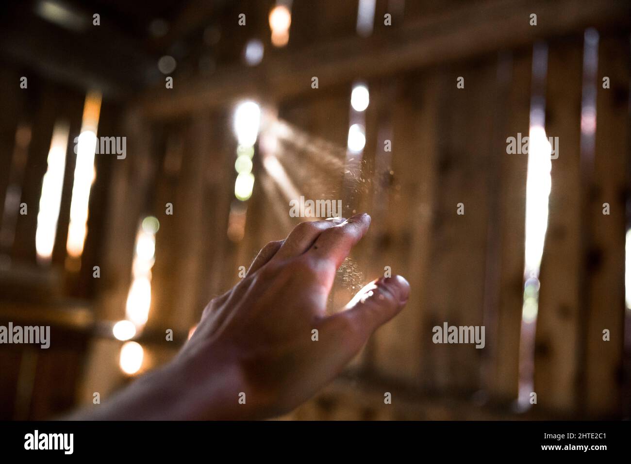 Hand in a barn reaching for a light Stock Photo - Alamy