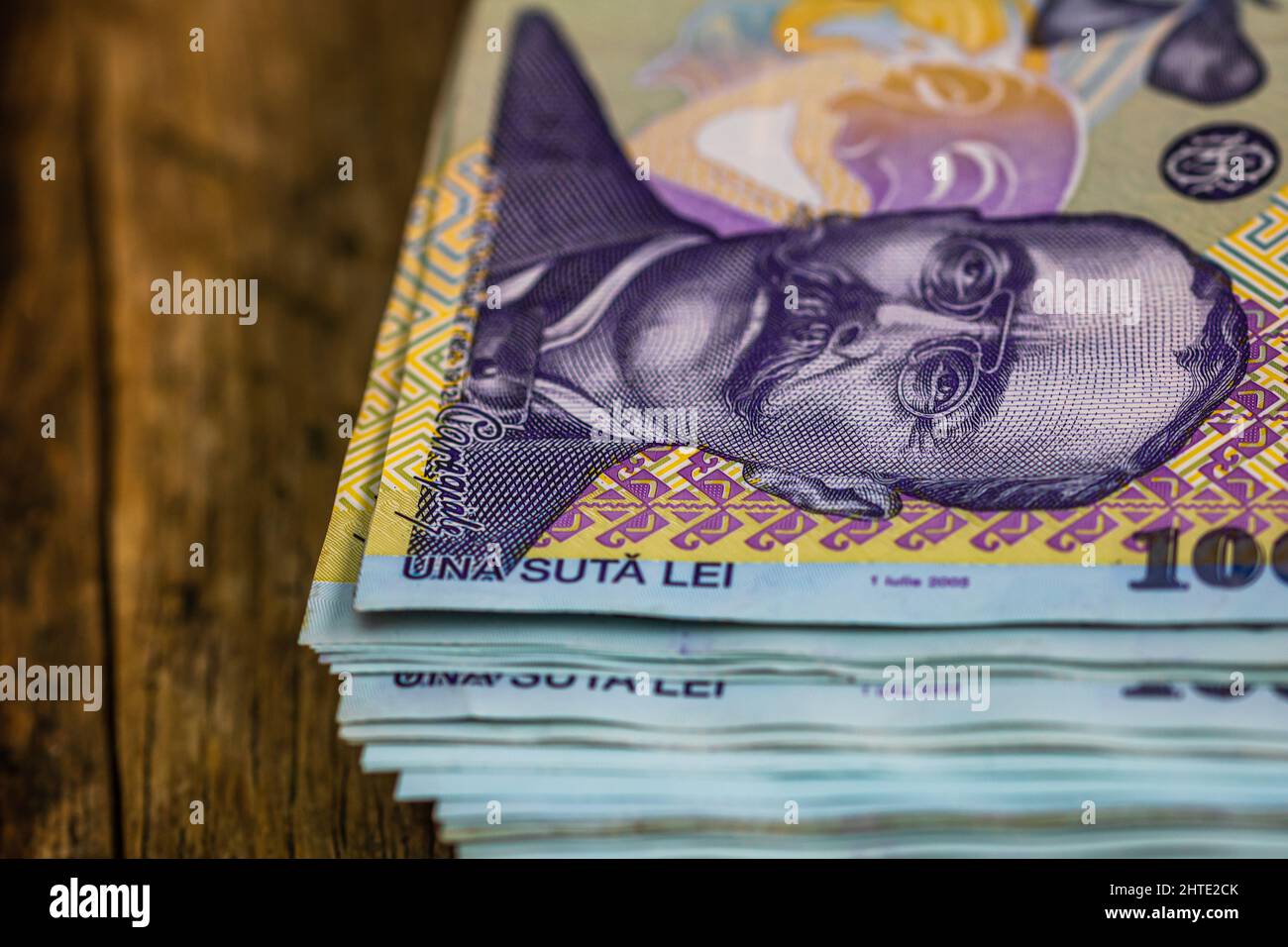 Closeup of the Lei banknotes on the table. Romanian money Stock Photo ...