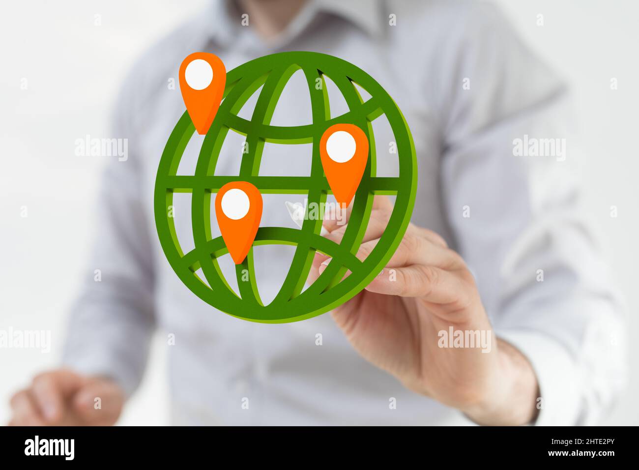 Person pointing at a save the clean green planet - ecology concept ...