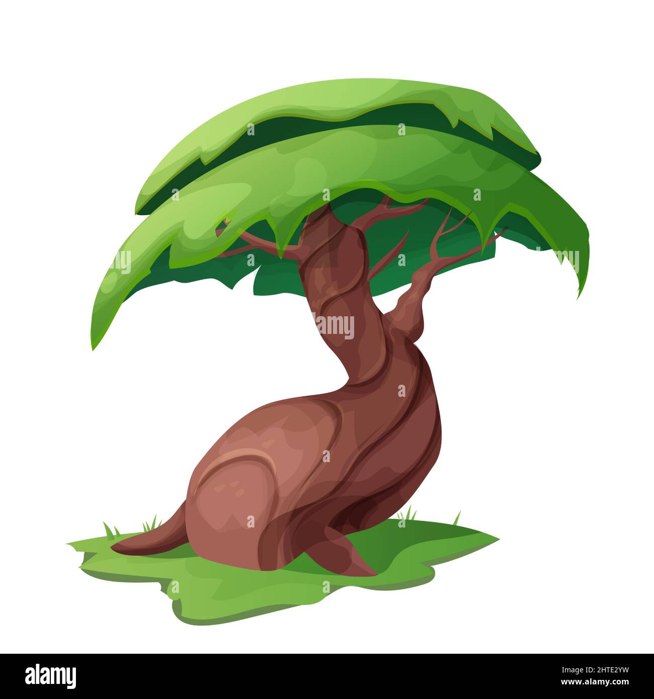 Magic fairy tree, with big trunk, roots and foliage in cartoon style ...