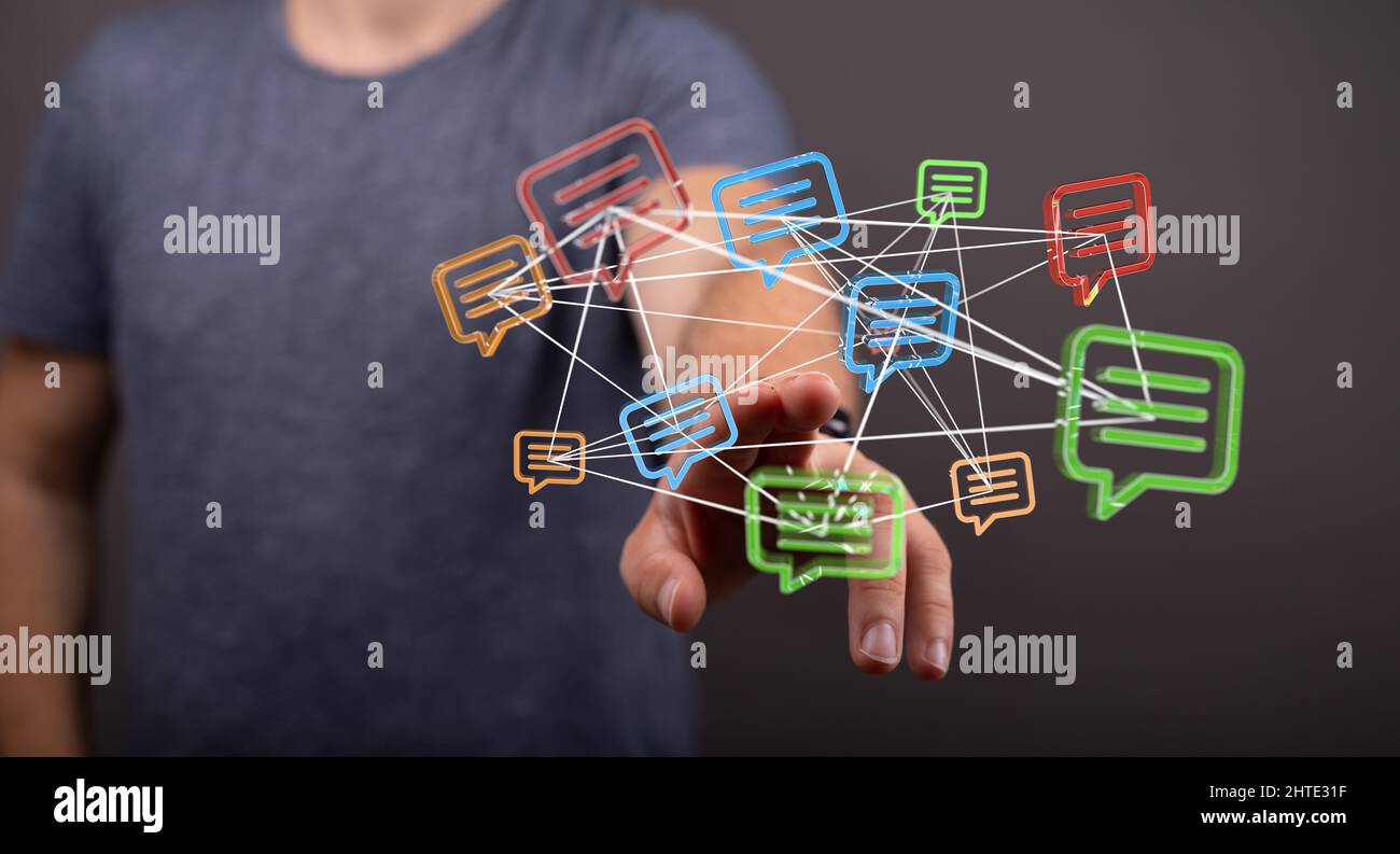 Male pointing at a network Communication with email symbols Stock Photo ...