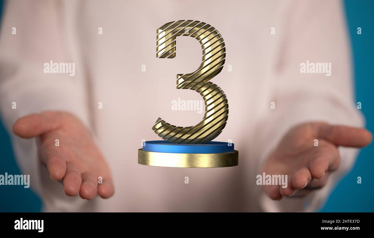 Person pointing at the 3rd place award rendering Stock Photo - Alamy