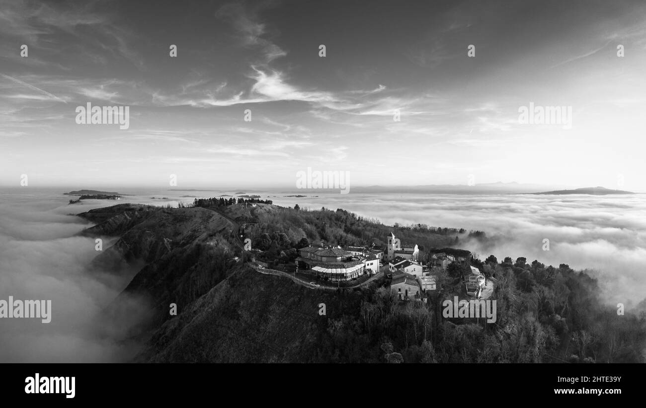 Bird's eye view of the village of Casteldimezzo and Mount San Bartolo ...