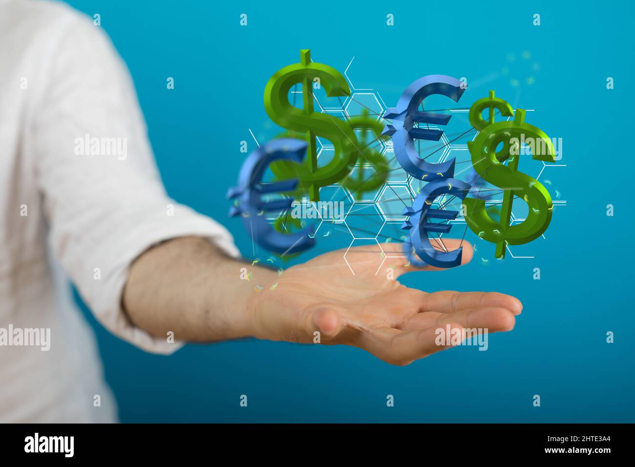 Male displaying the main world currency theme dollar and euro ...