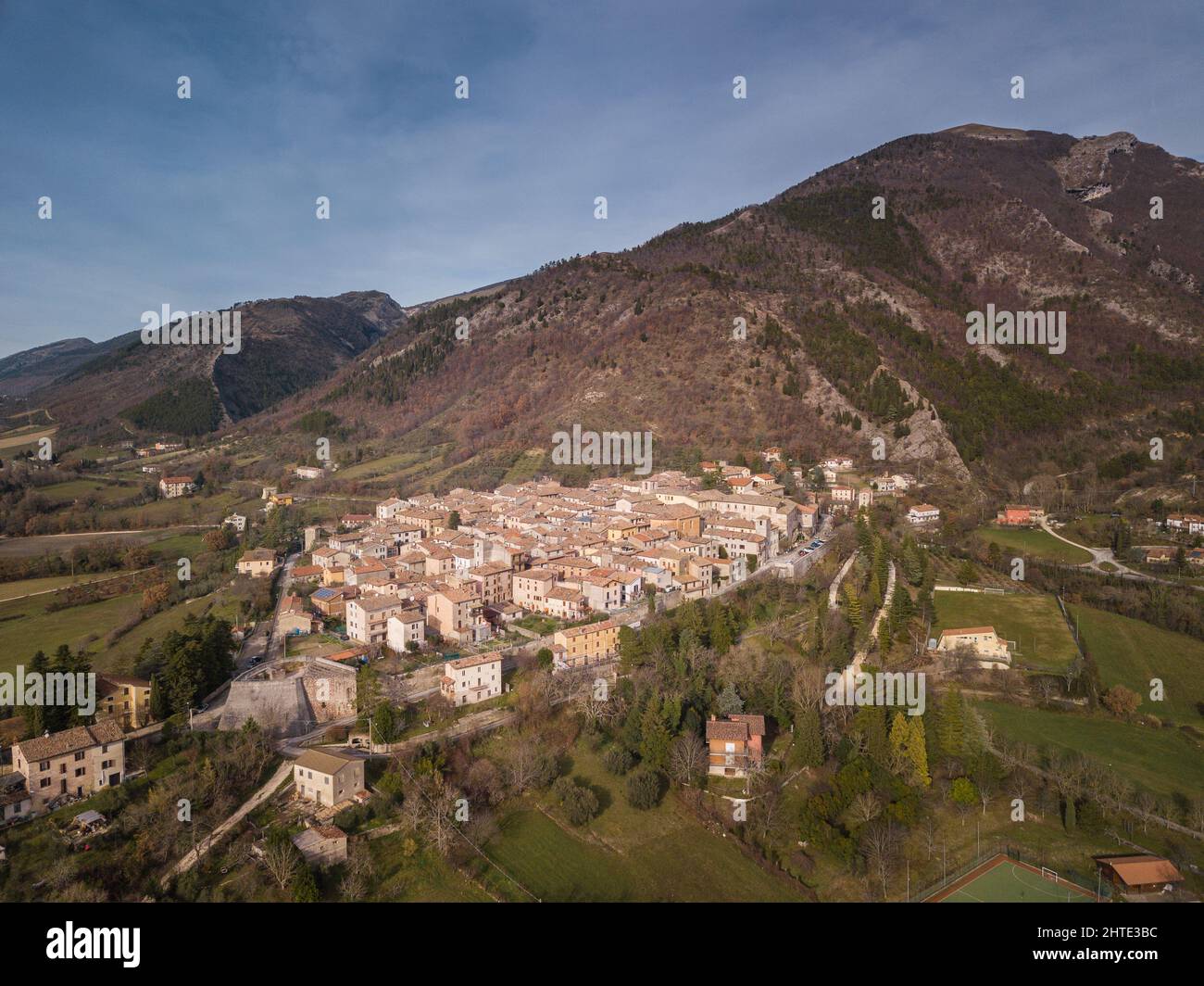 Bird's eye view of the medieval village of Costacciaro at the foot of ...