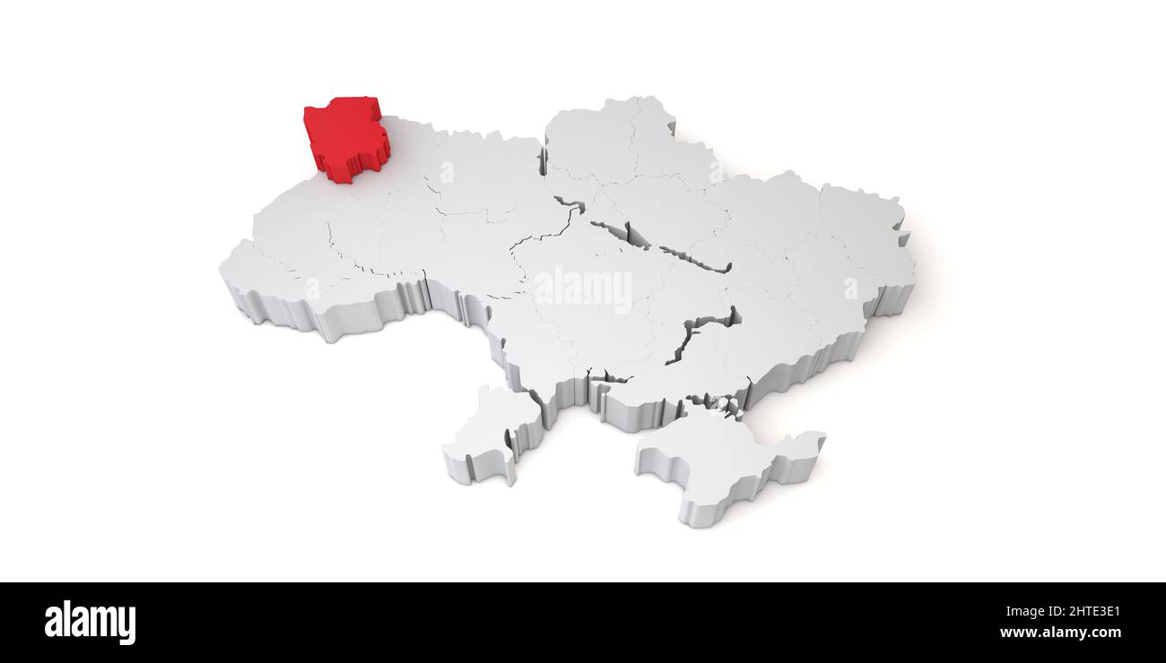 3d map of Ukraine showing the region of Volyn in red. 3D Rendering ...