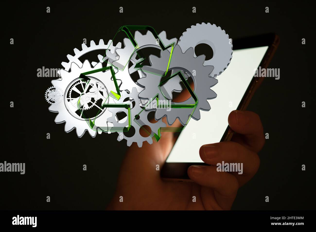 Digital illustration of the gears in the hand-the concept of mechanism ...