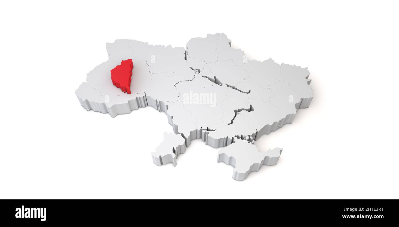 3d map of Ukraine showing the region of Ternopil in red. 3D Rendering ...