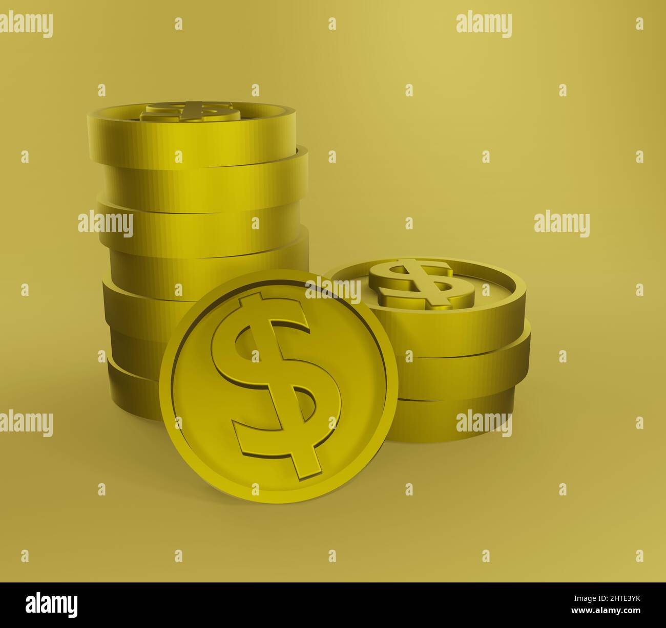 3D rendering of a stack of golden dollar coins on a yellow background ...