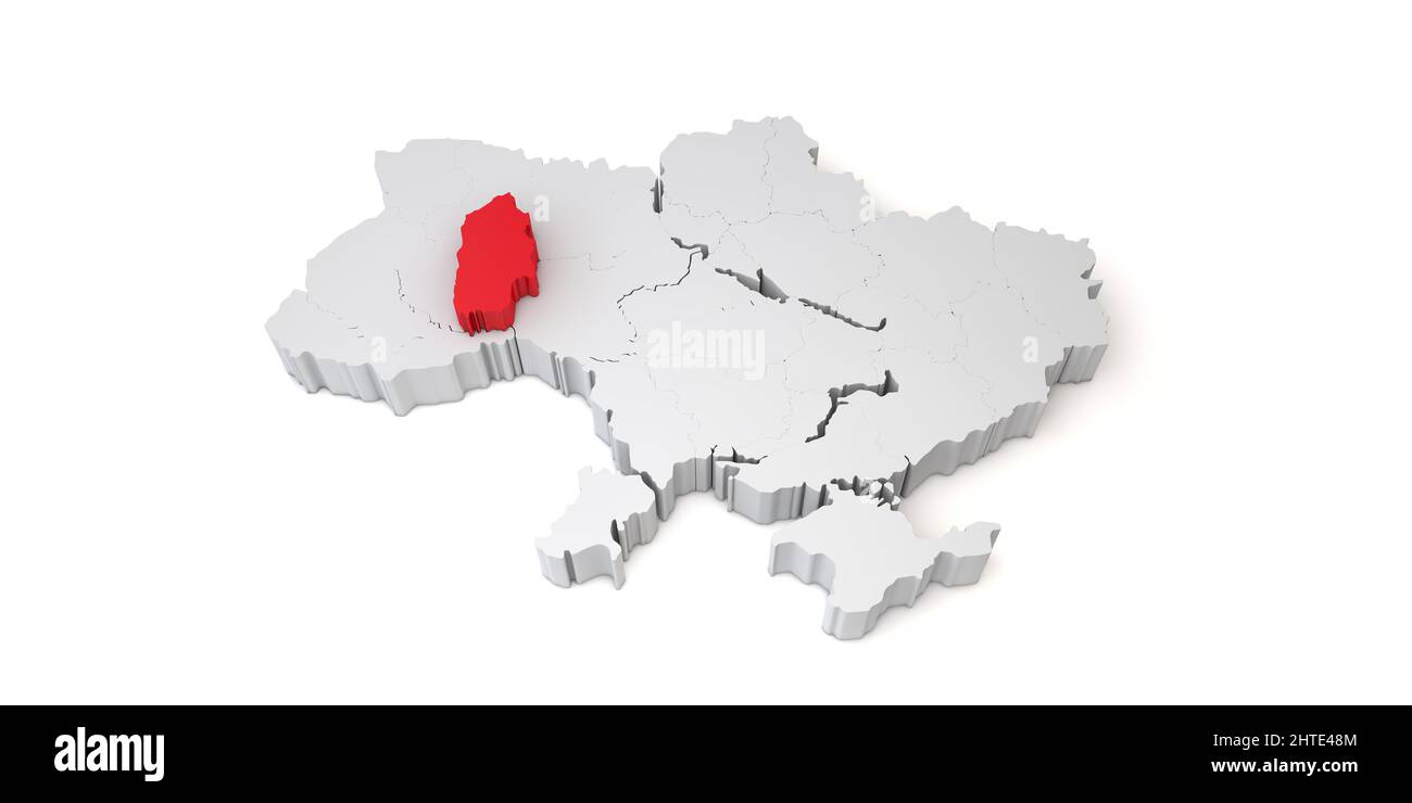 3d map of Ukraine showing the region of Khmel in red. 3D Rendering ...