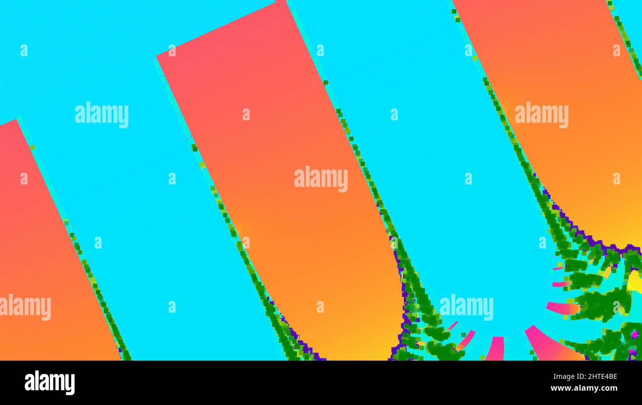 Orange rectangular abstract figures with green highlights on light blue ...