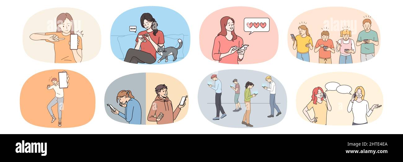 Set of diverse people addicted to new technologies using smartphones ...