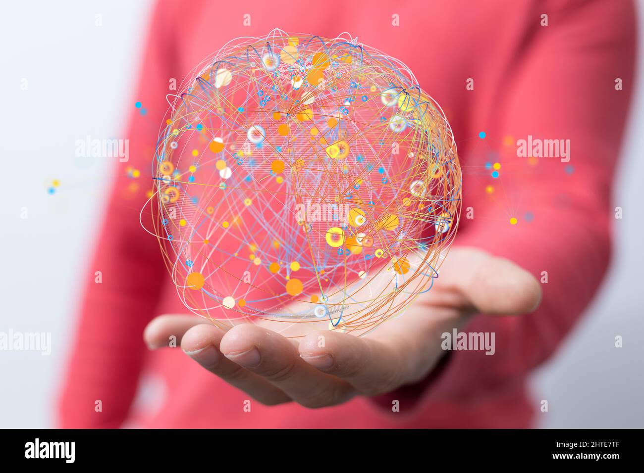 Male displaying a sphere network structure - abstract design connection ...