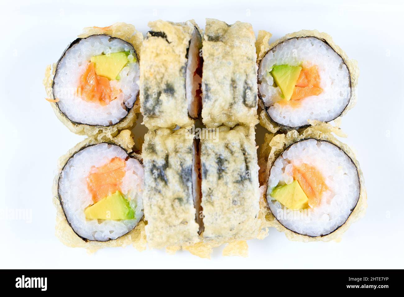 Top view of sushi nigiri, maki, sashimi rolls isolated on a white ...