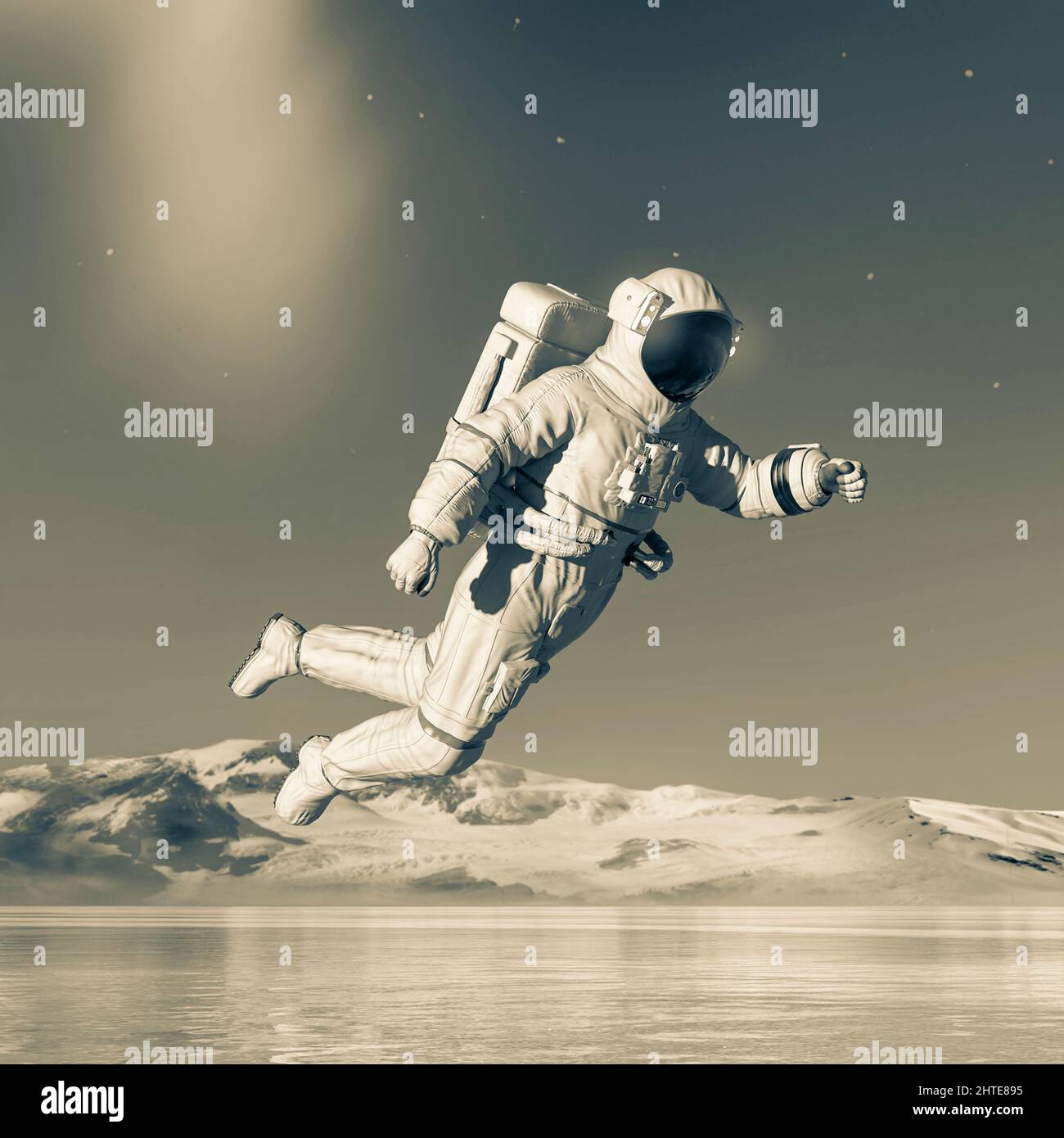 astronaut in another planet is floating in the air on the ice lake in ...