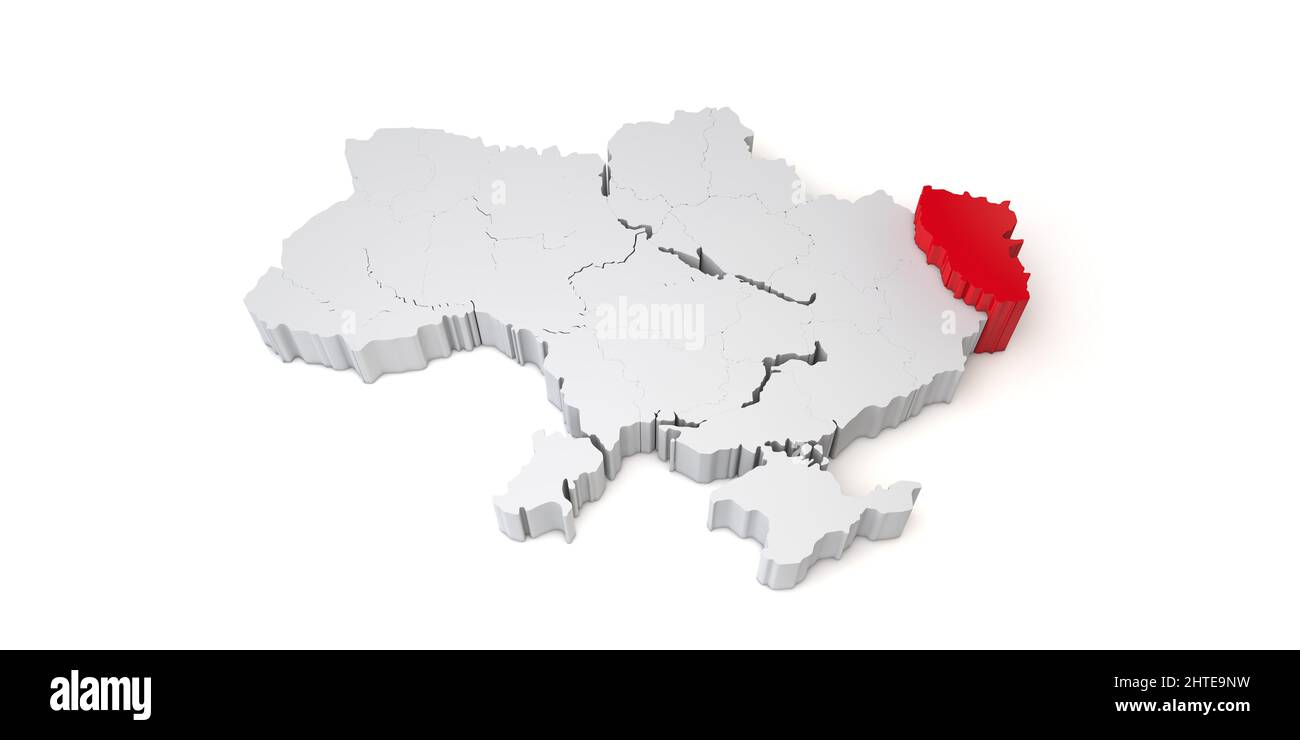 3d map of Ukraine showing the region of Luhansk in red. 3D Rendering ...