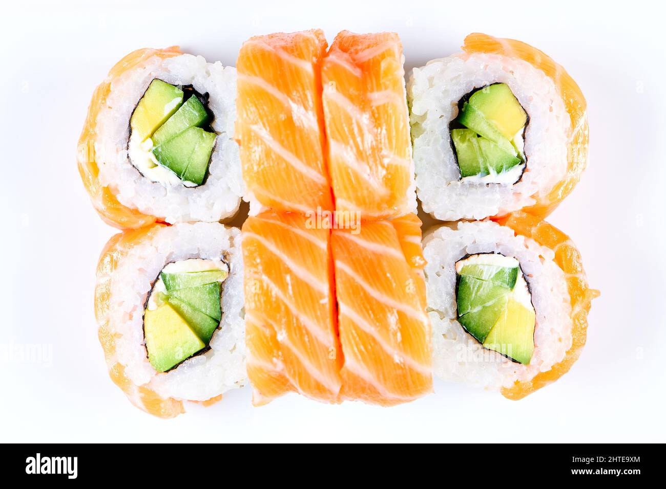 Top view of sushi nigiri, maki, sashimi rolls isolated on a white ...