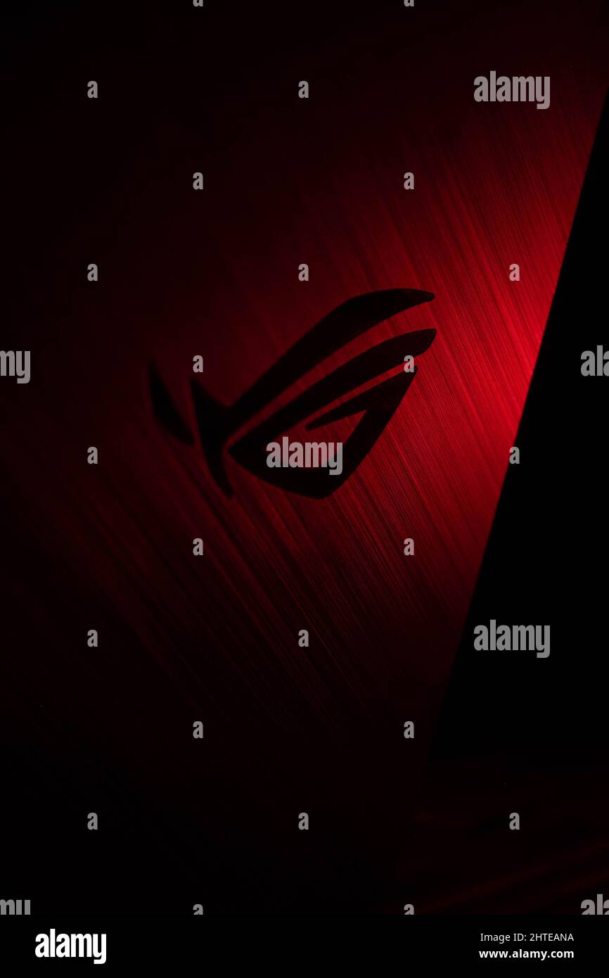 Scenic shot of the logo of ROG Asus, hardware made for gamers, in red ...