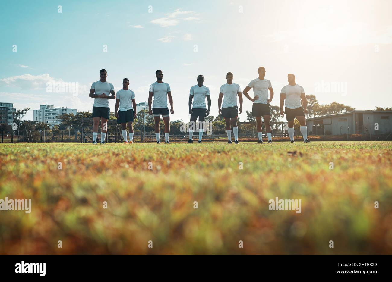 Teamwork leads to huge success on the field. Rearview shot of a group ...
