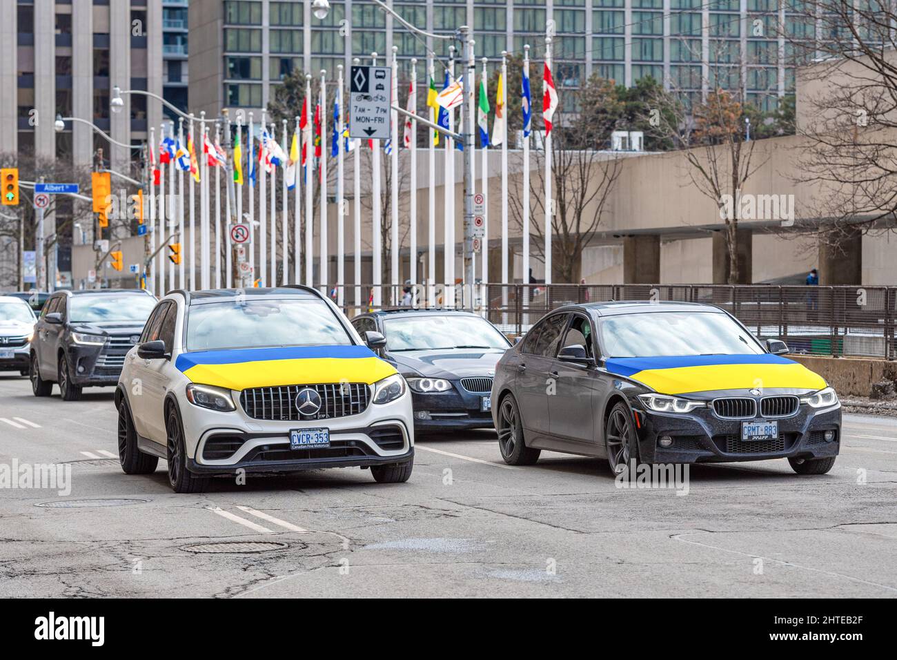 Toronto, Canada - February 27, 2022: Cars with the Ukrainian flag ...