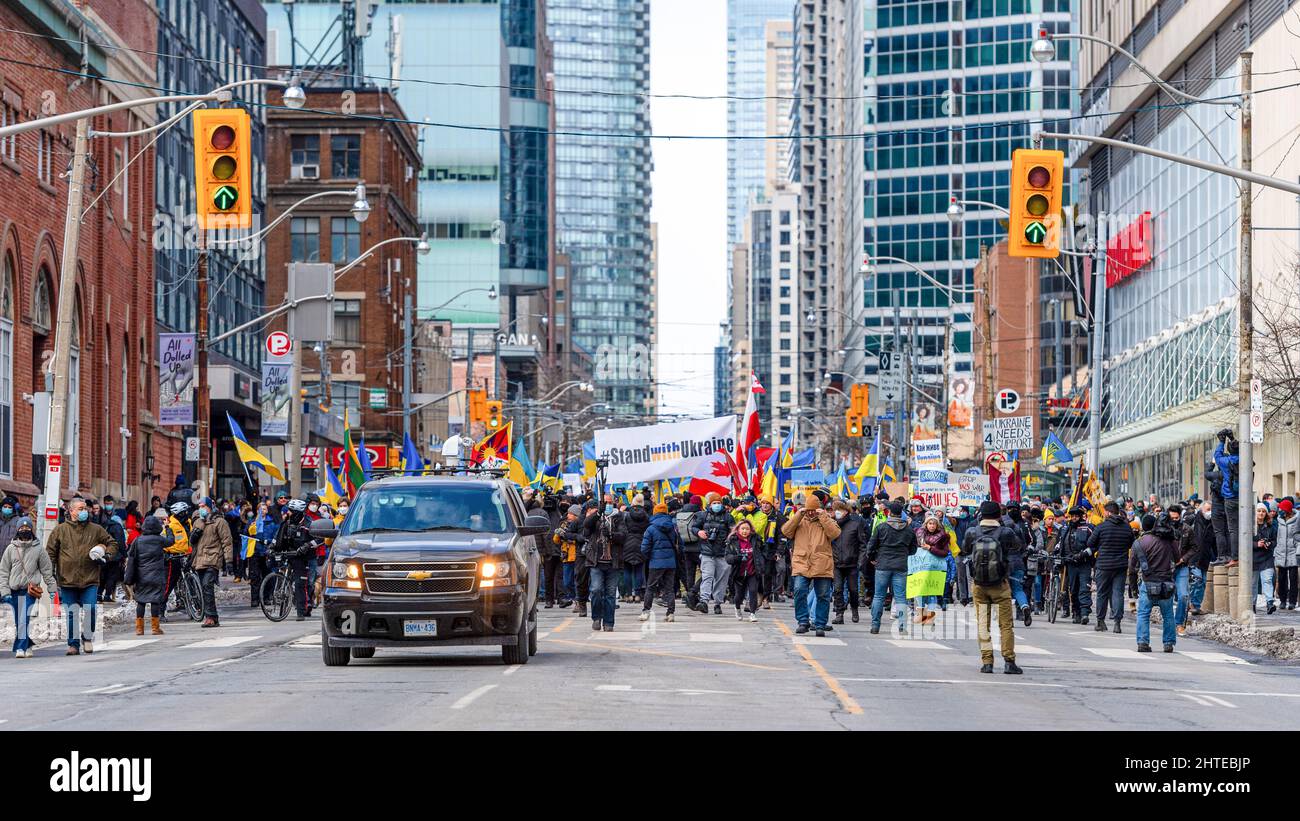 Toronto, Canada - February 27, 2022: protest march in Bay Street. The ...