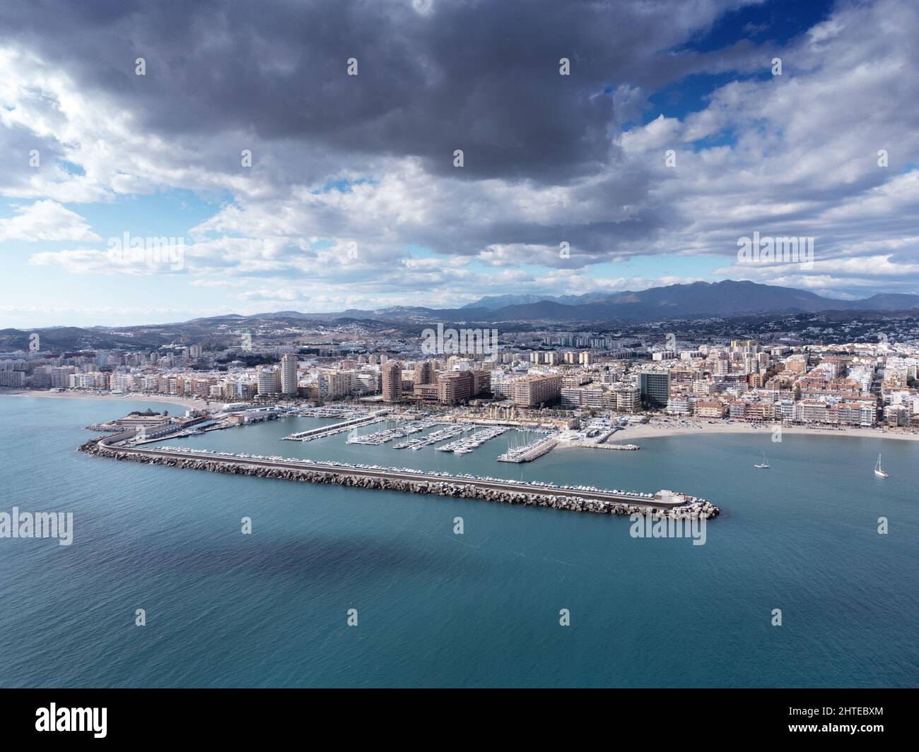 aerial view of the building along the coast of Fuengirola showing ...