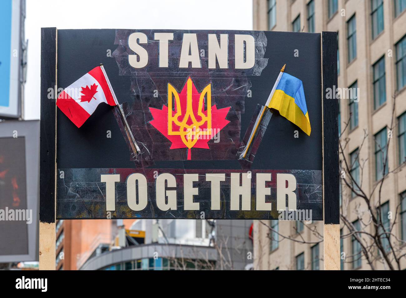 Toronto, Canada - February 27, 2022: A sign meaning Canada and Ukraine ...