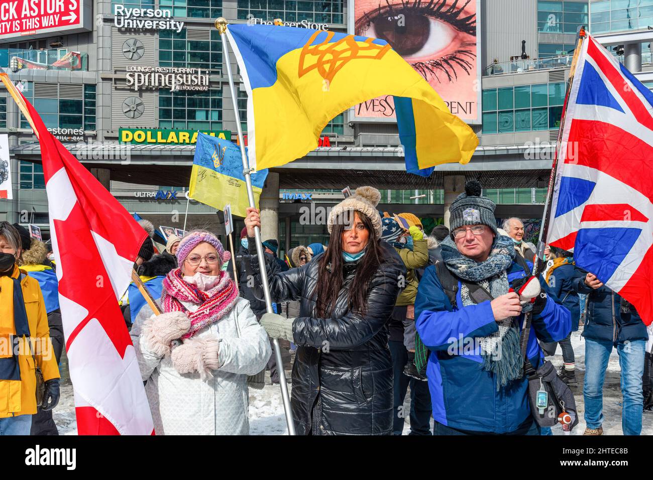 Toronto, Canada - February 27, 2022: Canada, UK, and Ukrainian flags ...
