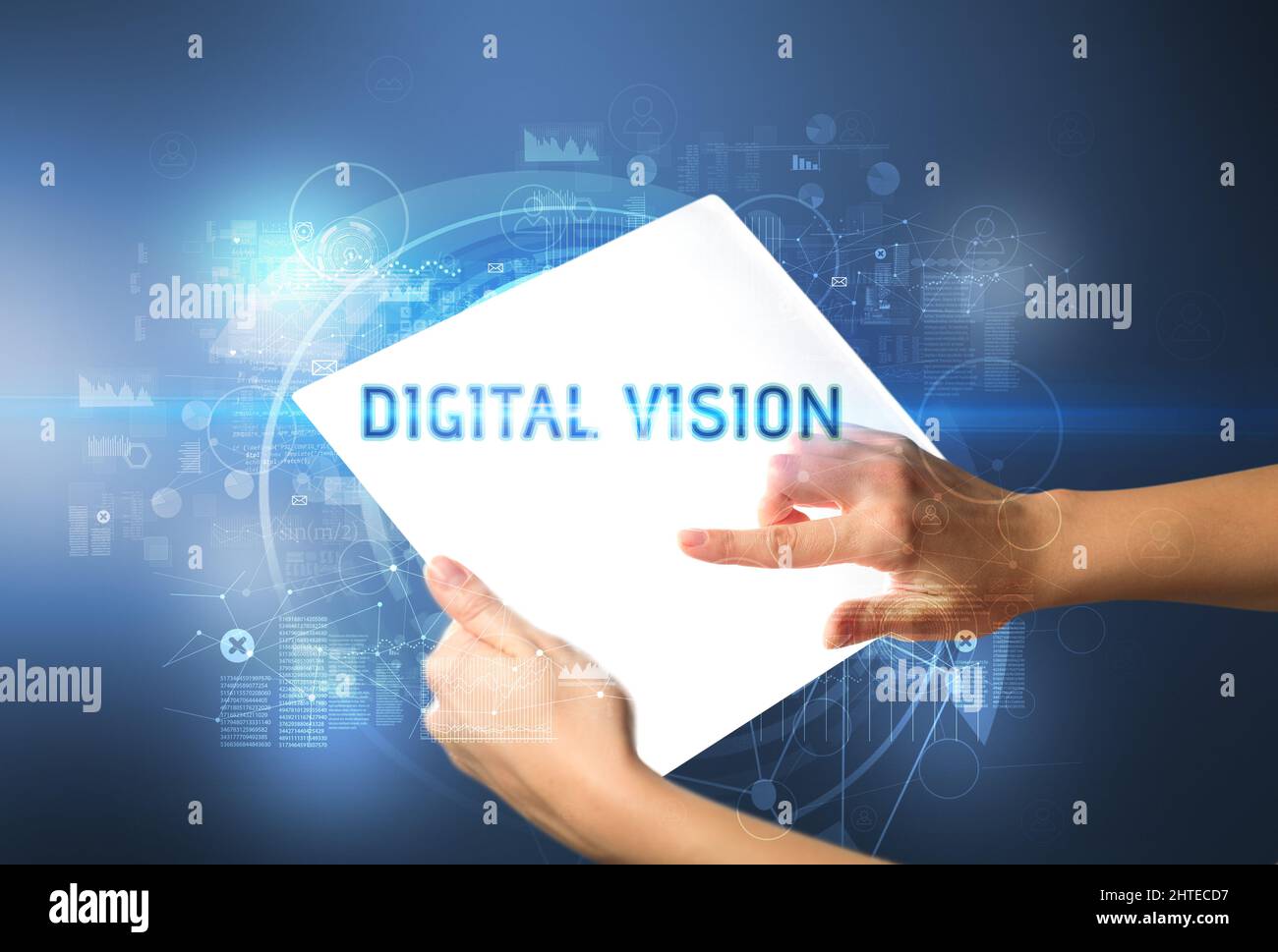 Hand holdig futuristic tablet , technology concept Stock Photo - Alamy