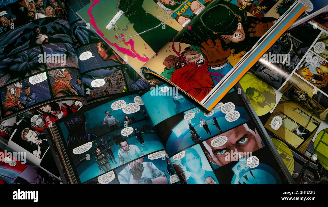 Top view of many Comics pages using: Marvel Agents of SHIELD, Daredevil ...