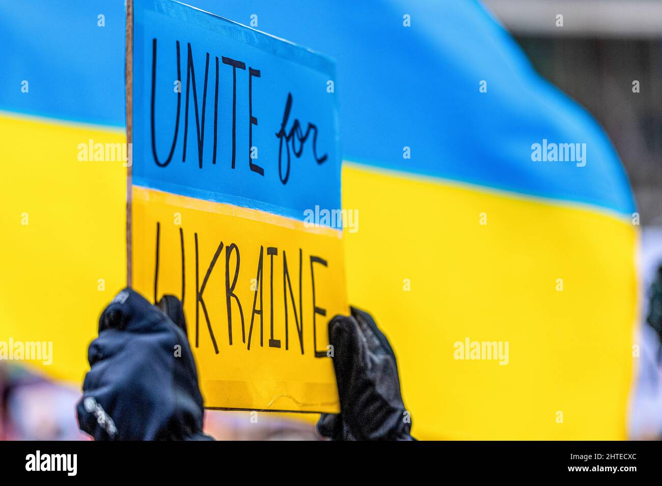 Toronto, Canada - February 27, 2022: A sign reading 'Unite for Ukraine ...