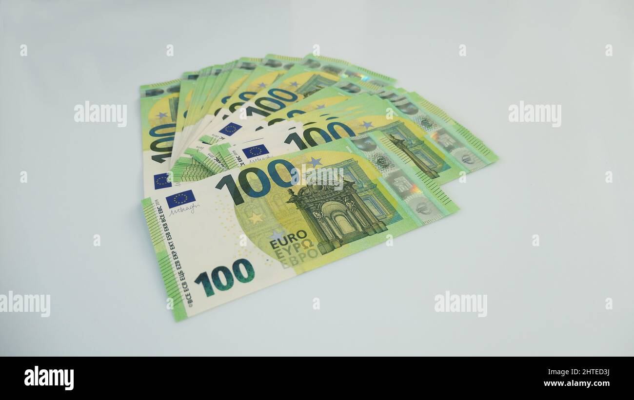 stack of one hundred euro banknotes spreaded isolated on white Stock ...