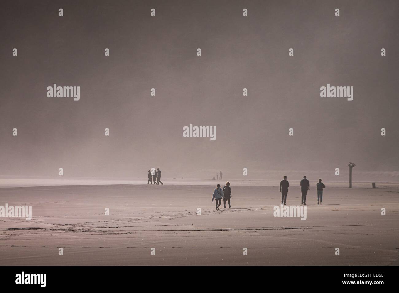 Group of people at the beach on a gloomy foggy day in dim colors Stock ...
