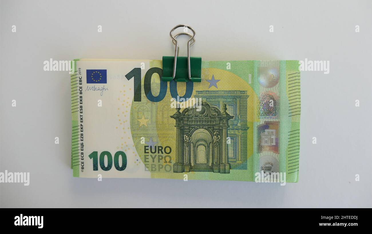 stack of 100 hundred euro banknotes with letter foldback clip ...